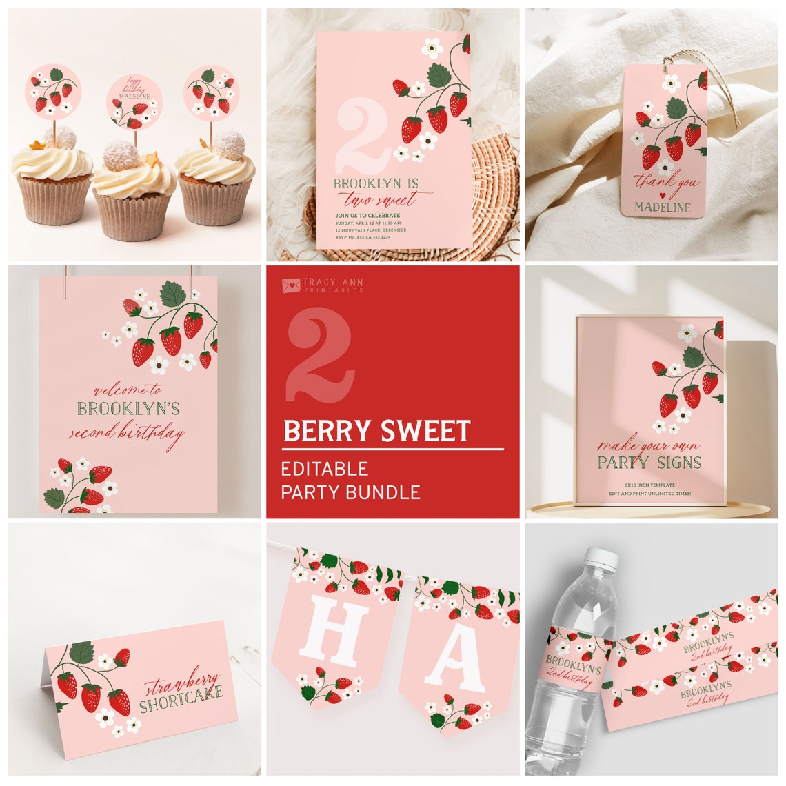 Strawberry Birthday Banner Template, Berry First Birthday Bunting, Girl ...
