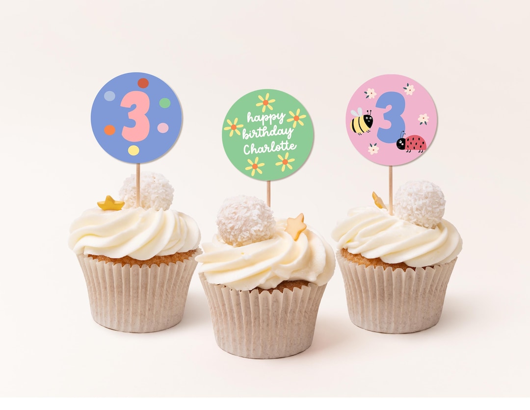 Garden Party Cupcake Toppers, Girl 3rd Birthday Cupcake Topper Template ...