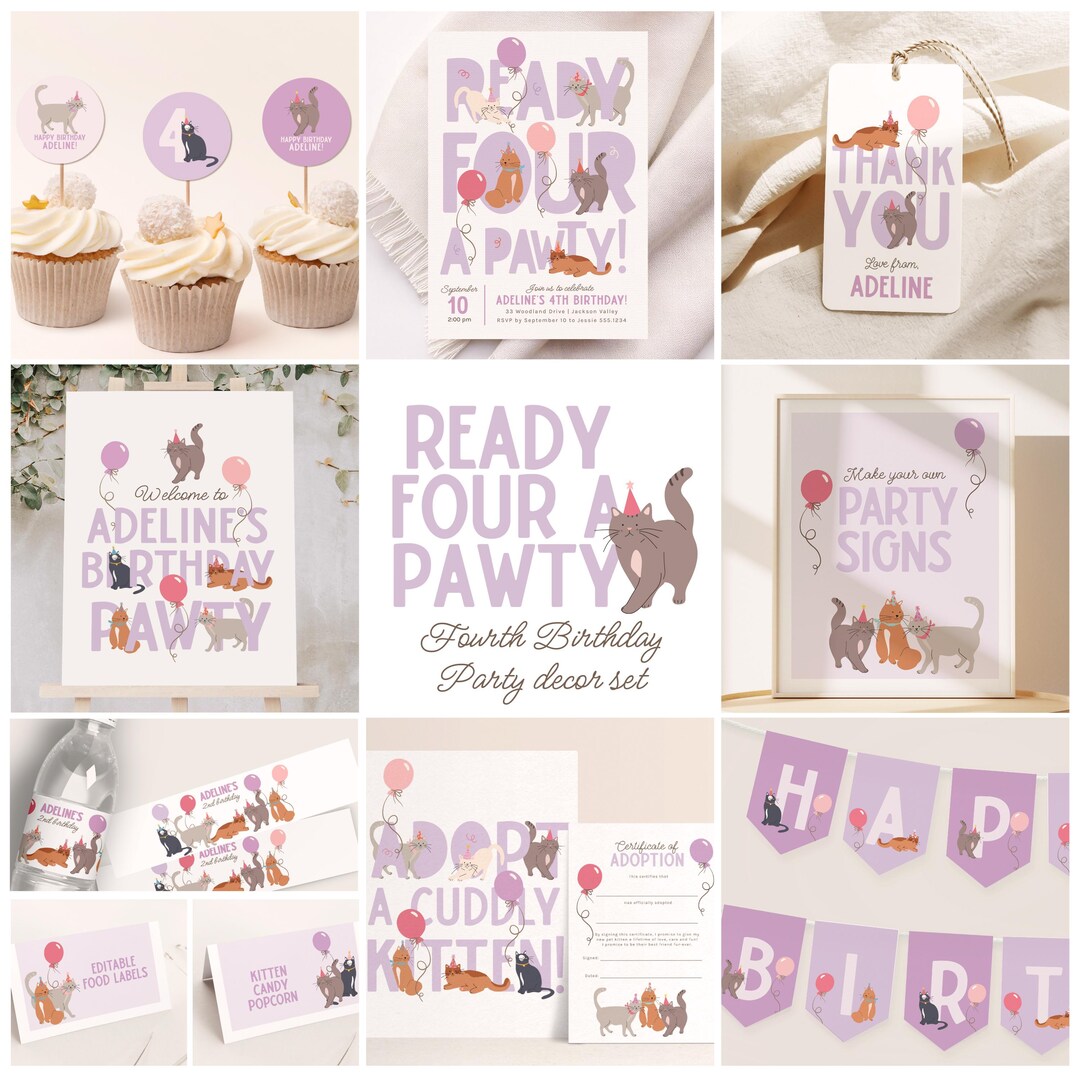 Cat 4th Birthday Invitation Set, Kitten Fourth Birthday Party ...
