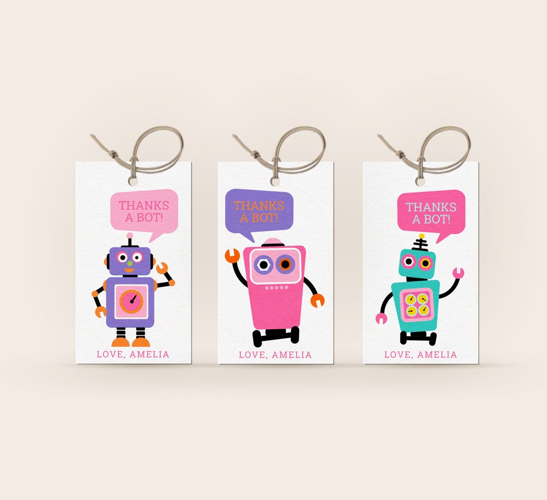 Robot Thank You Tags, Editable Pink Robots Party Tags, Girl Robot ...
