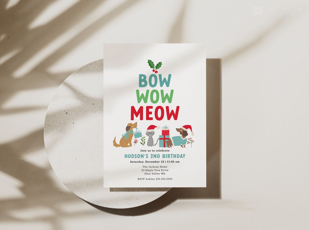 Bow Wow Meow Birthday Invitation Printable Christmas Cats and - Etsy