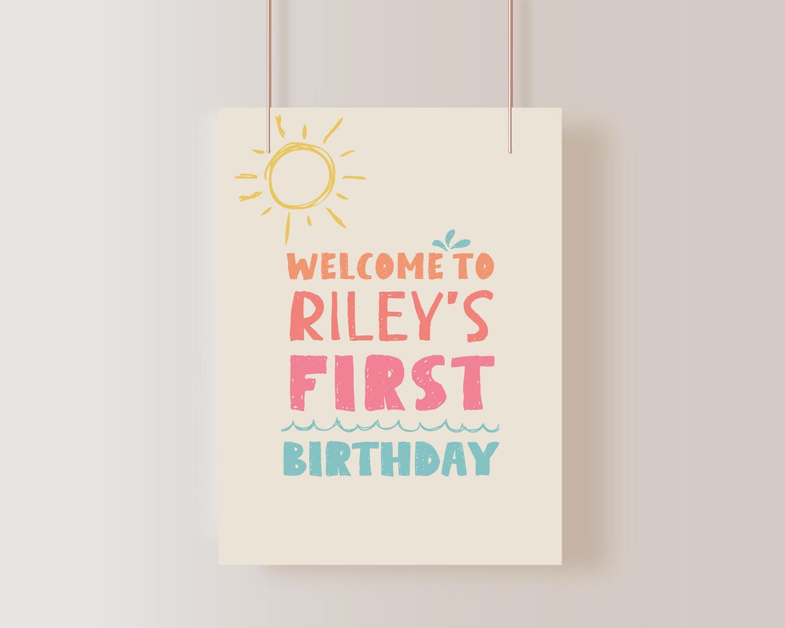 One in the Sun Welcome Sign, Girl 1st Birthday Welcome Poster Editable ...