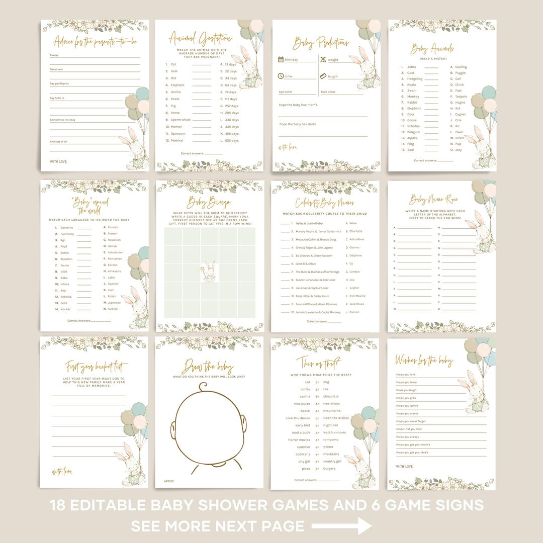 Bunny Baby Shower Game Bundle, Bunny Rabbit Baby Shower Games, Gender ...