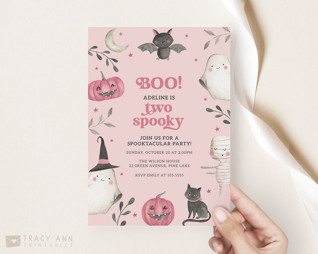 Two Spooky Invitation, Editable Template Pink Halloween 2nd Birthday ...