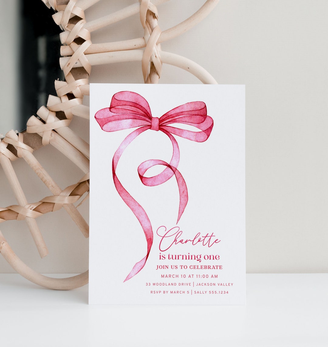 Bow Birthday Invitation, Minimalist Girl Birthday Party Invite Template ...