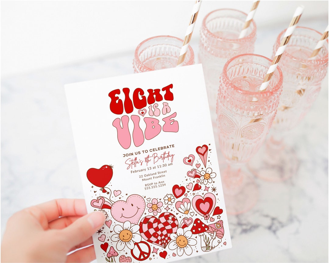 Eight is a Vibe Invitation, Groovy Girl 8th Birthday Invitation, Retro ...