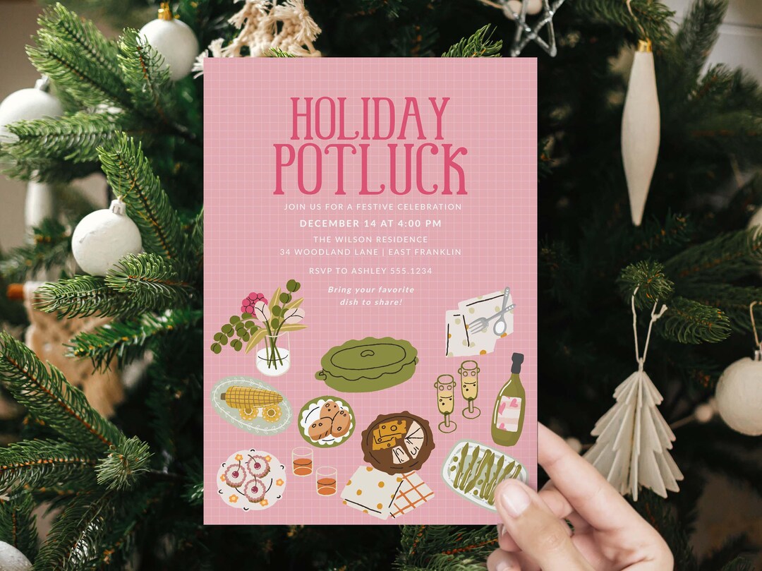Holiday Potluck Invitation, Pink Holiday Party Invite Template ...