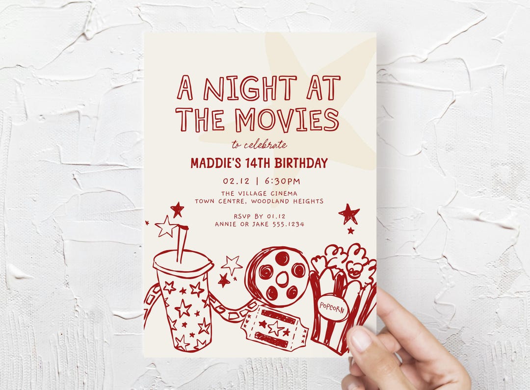 Hand Drawn Movie Night Invitation, Editable Teenage Movie Night ...