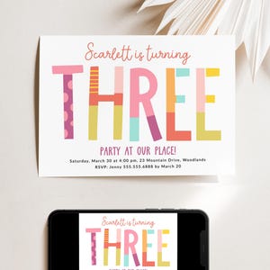 Girl Third Birthday Invitation Template, Printable Colorful 3rd ...