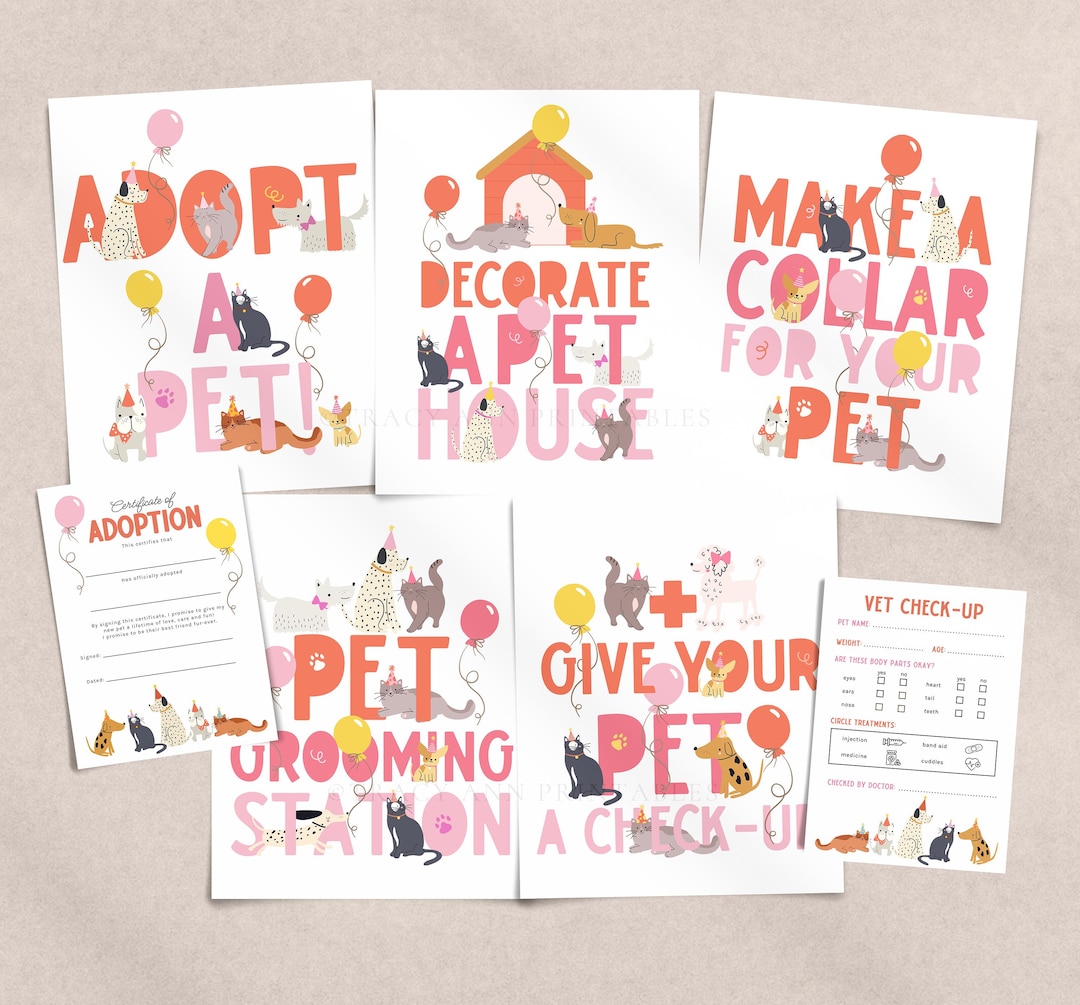 Cat and Dog Birthday Party Signs, Adopt a Pet Game, Cats and Dogs ...