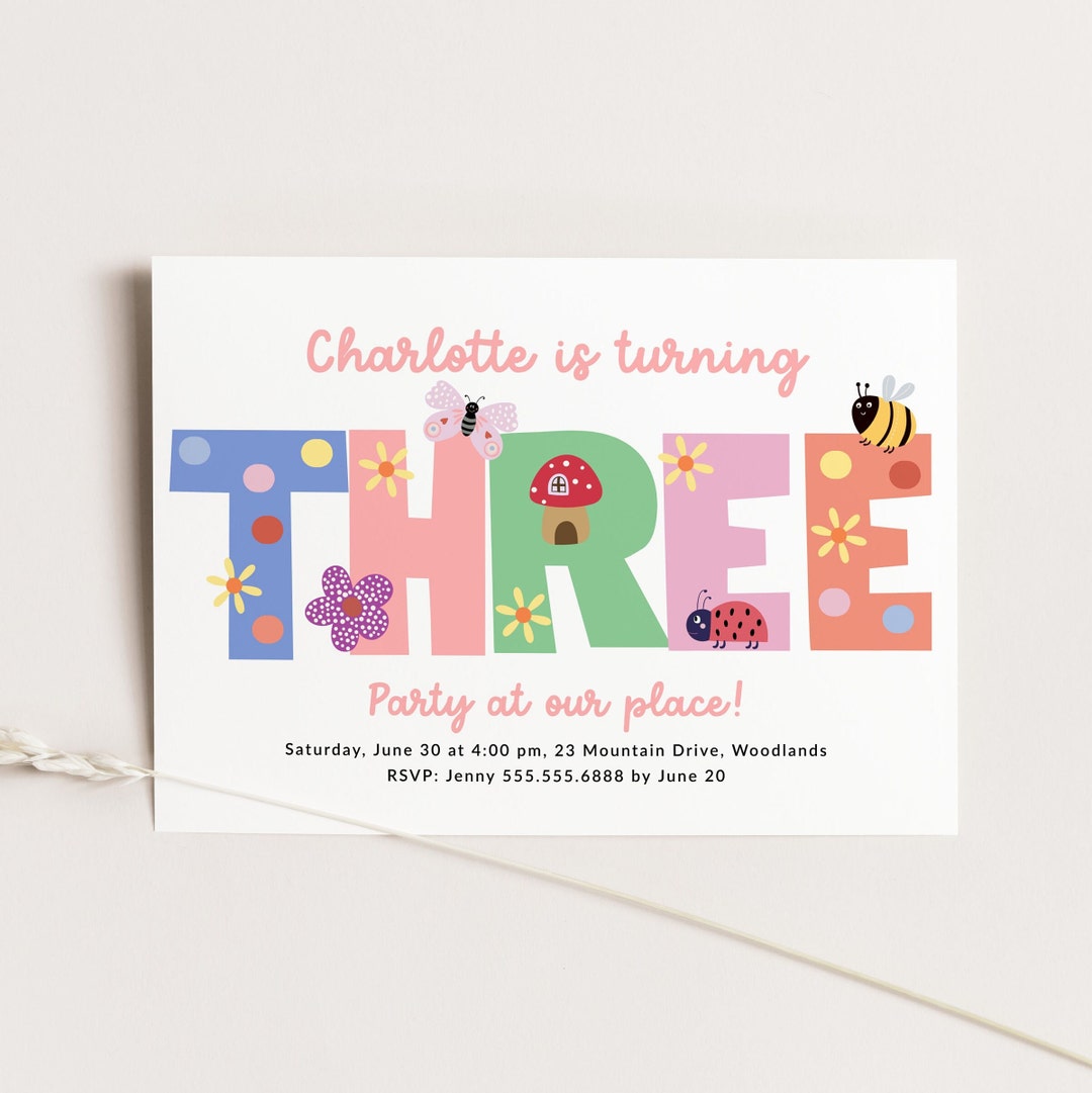 Modern 3rd Birthday Invitation, Cute Bugs Third Birthday Party Invite ...
