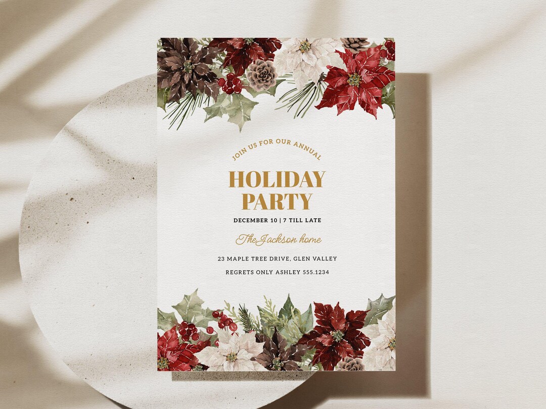 Editable Holiday Party Invitation, Poinsettia Christmas Party ...