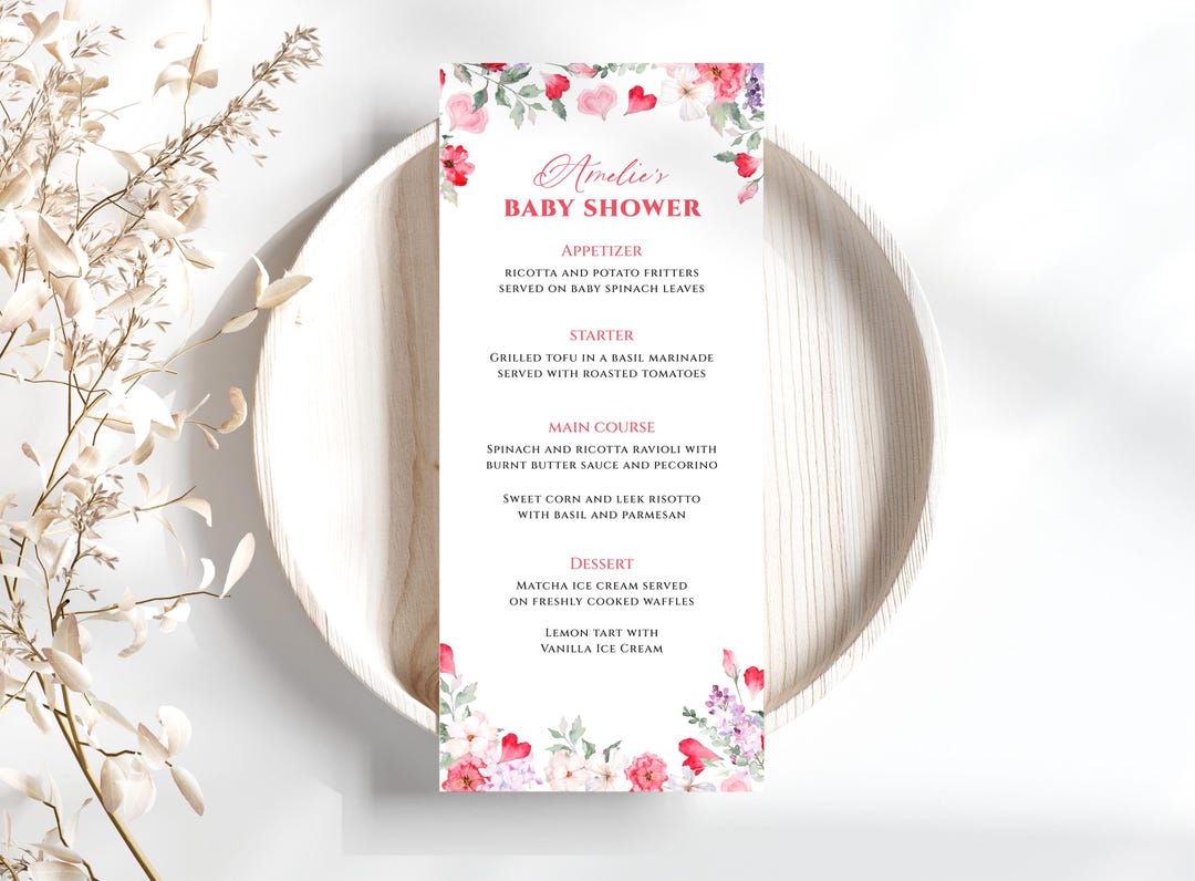Baby Shower Menu Template, Floral Sweetheart Baby Shower Menus, Heart ...