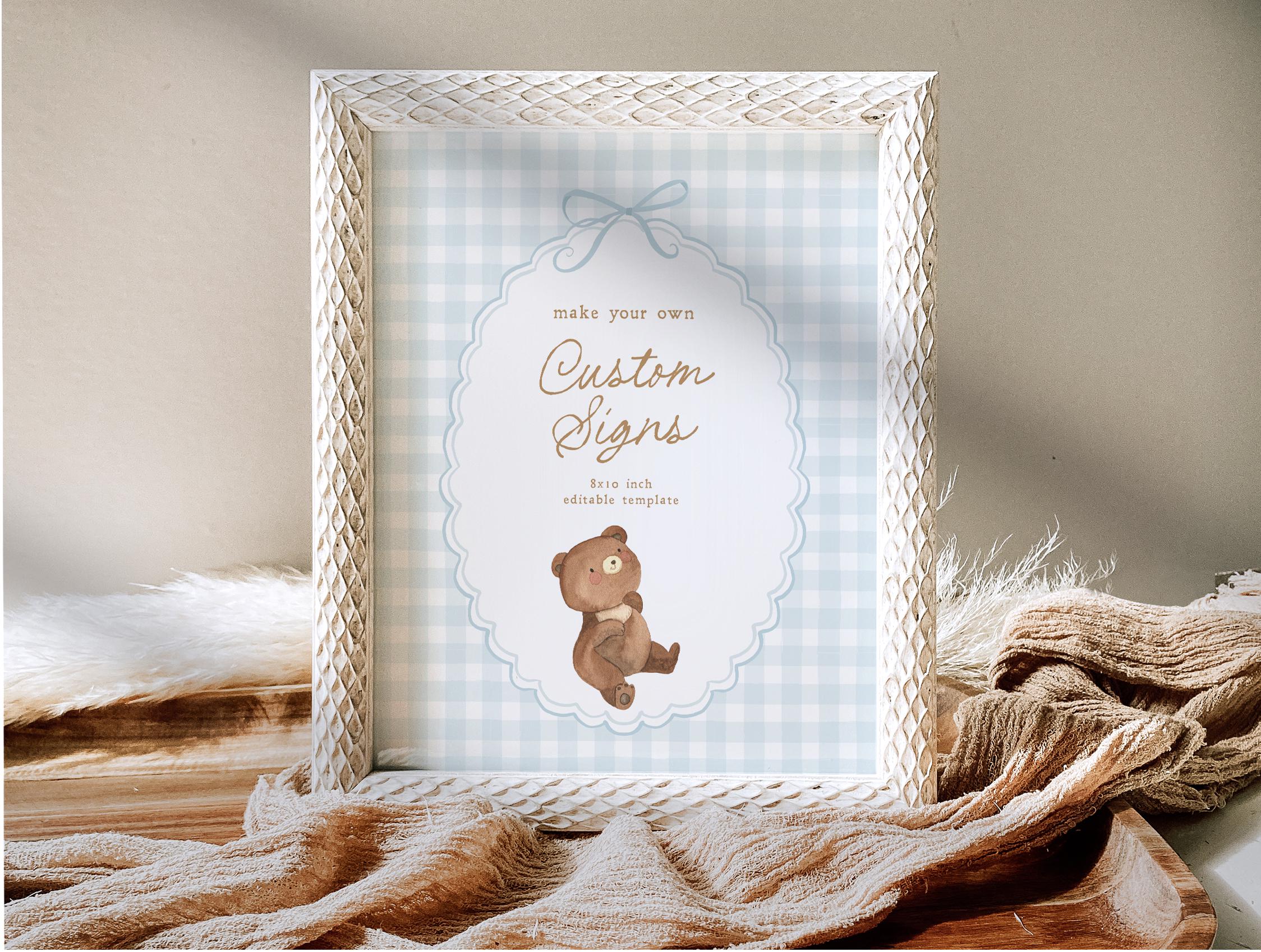 Teddy Bear Baby Shower Sign Template, Printable Blue Gingham Boy Baby ...