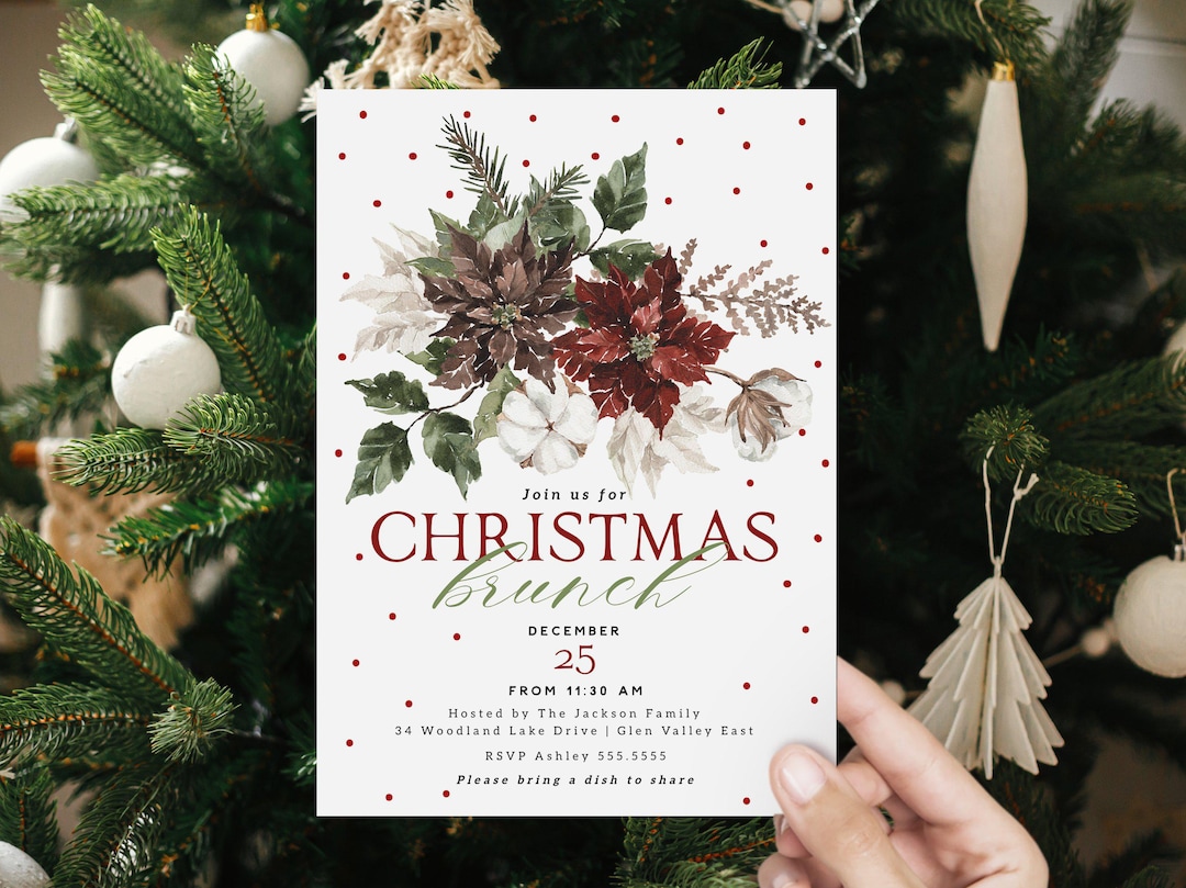 Editable Christmas Brunch Invitation : Poinsettia Holiday Party ...