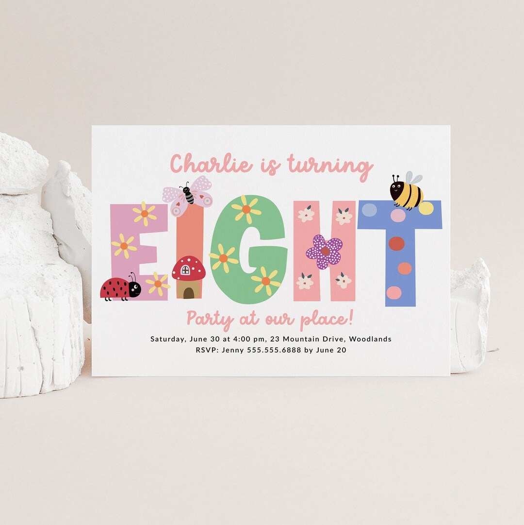 Girl 8th Birthday Invitation Editable, Garden Eighth Birthday Party ...