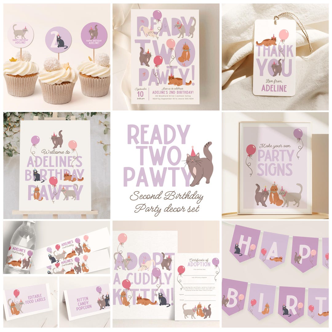 Cat 2nd Birthday Invitation Set, Kitten Birthday Party Decorations ...