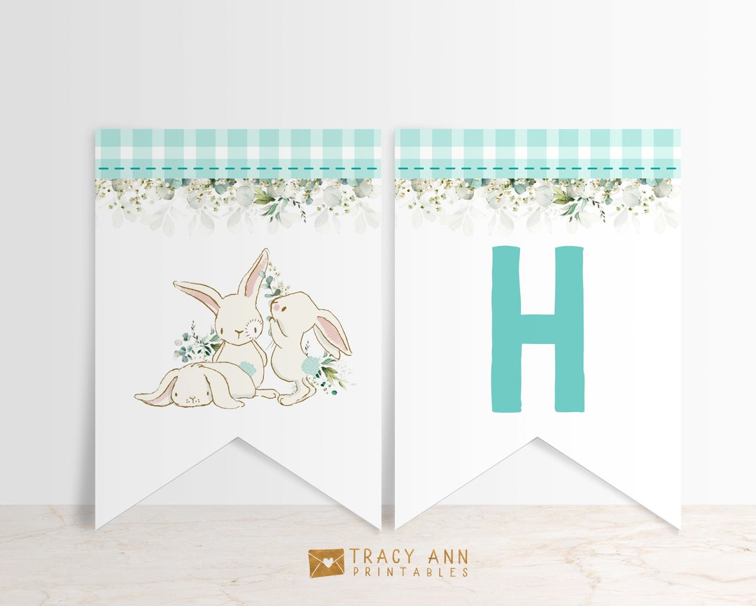 Bunny Birthday Banner, Editable Happy Birthday Banner, Blue Gingham Boy ...