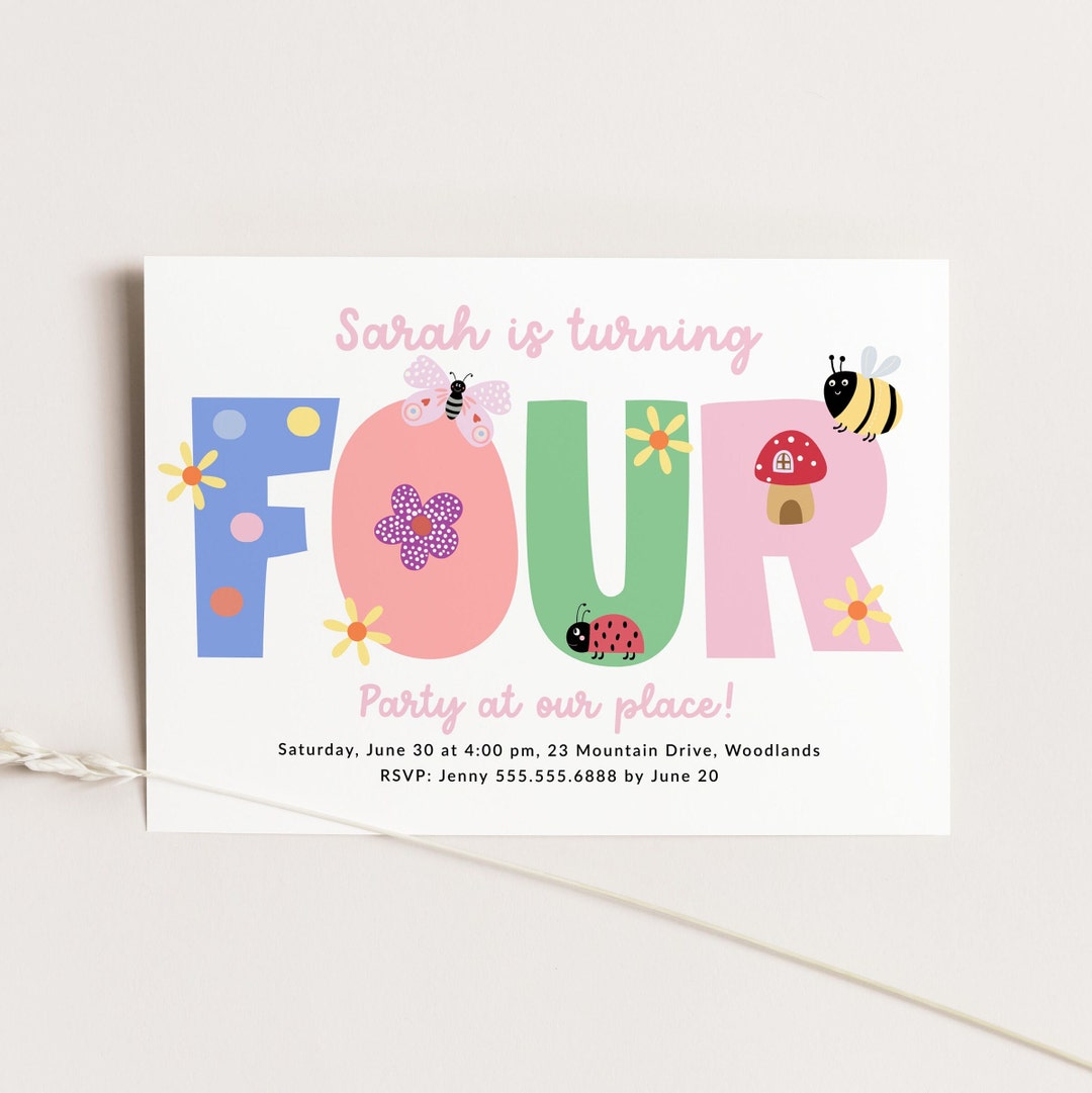 Spring 4th Birthday Invitation, Girl Fourth Birthday Party Invite ...