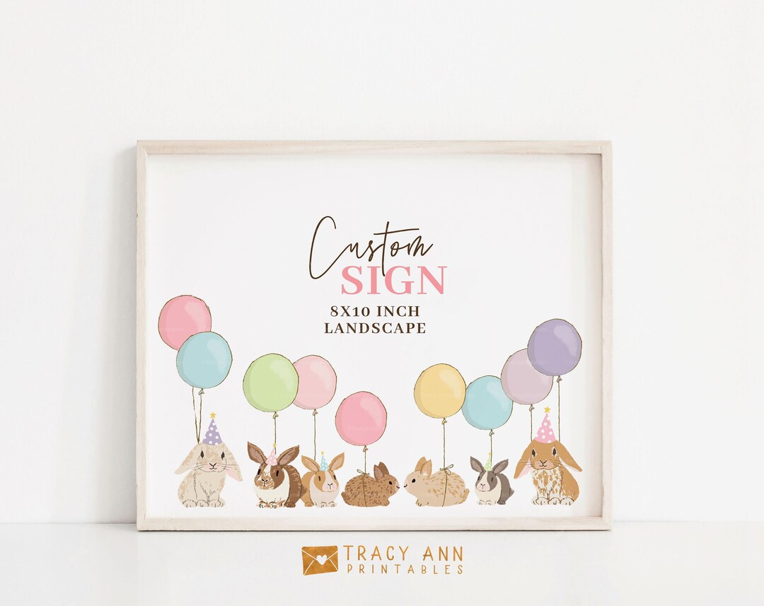 Bunny Editable Party Sign | Pastel Balloons Birthday 8x10 Inch Sign ...