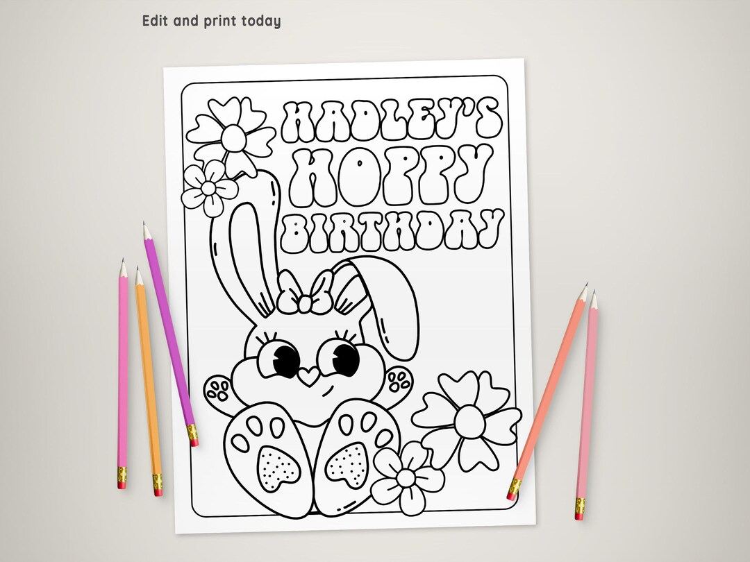 Bunny Birthday Coloring Sheets, Editable Groovy Bunny Rabbit Coloring ...