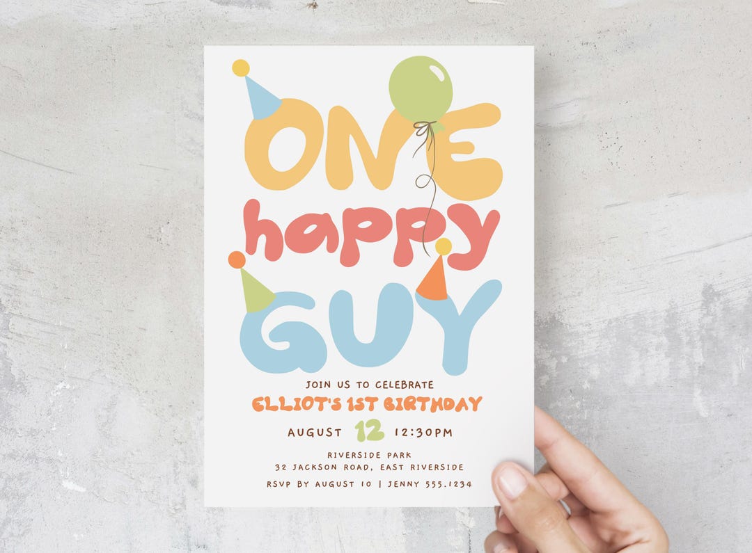 One Happy Guy Invitation, Boy 1st Birthday Party Invite Template ...