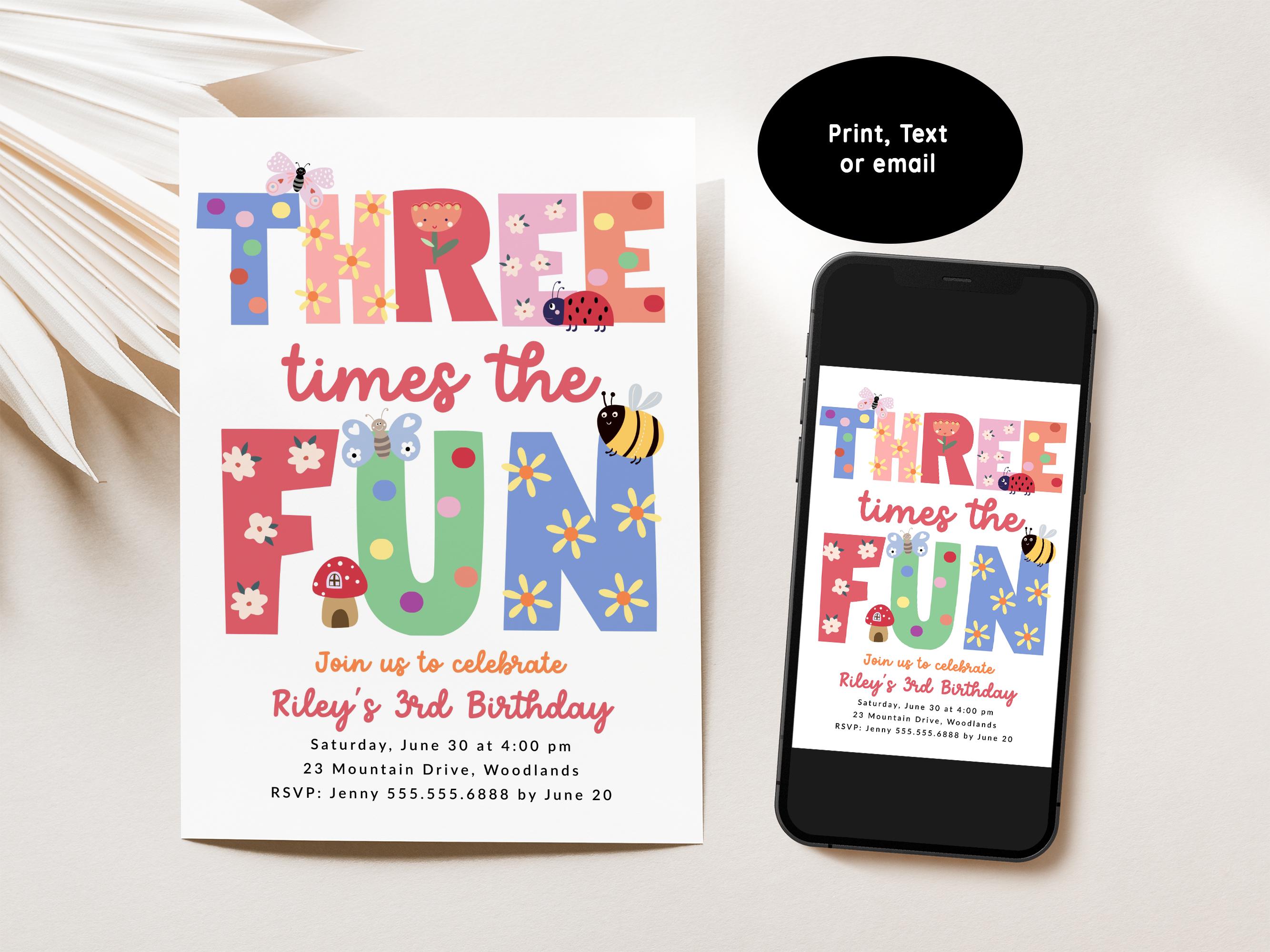 Three Times the Fun Invitation, Spring Girl 3rd Birthday Party Invite ...