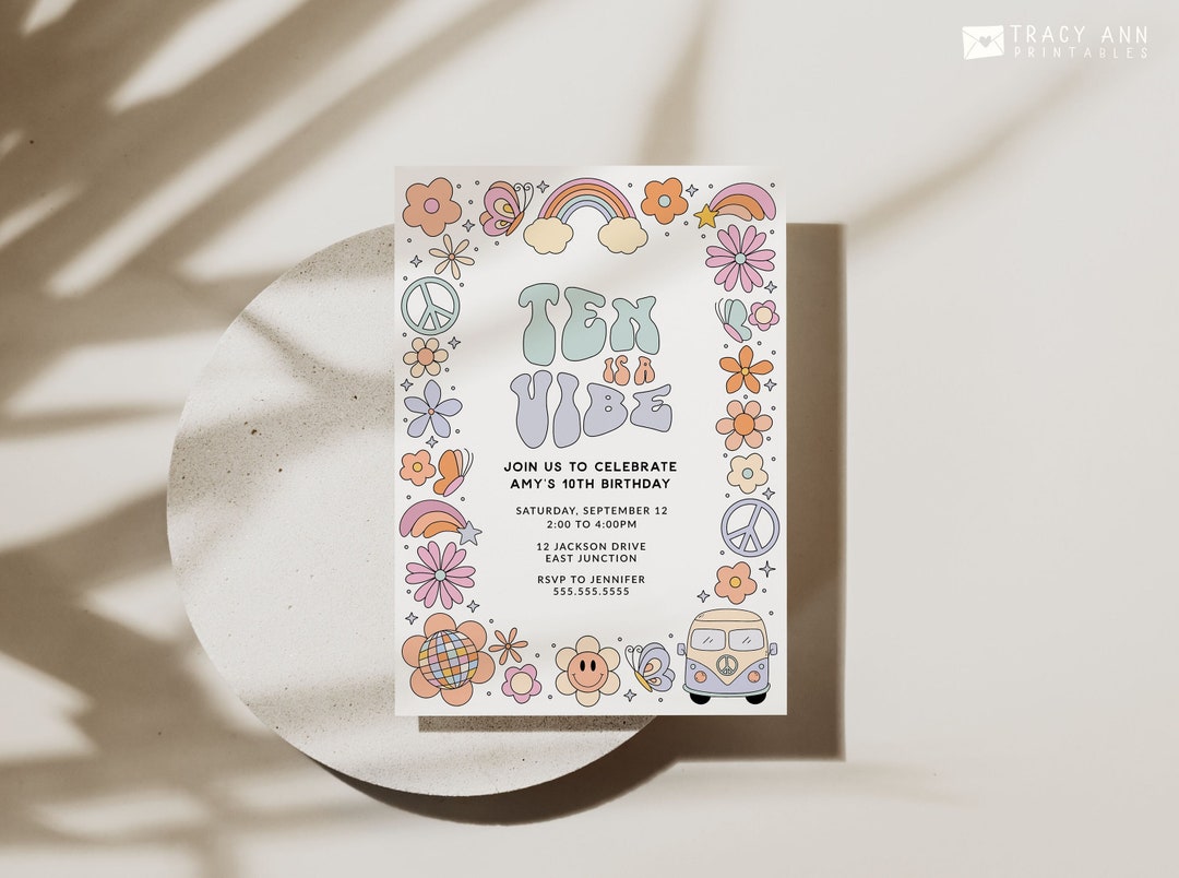 Ten is a Vibe Party Invitation, Groovy 10th Birthday Invitation ...