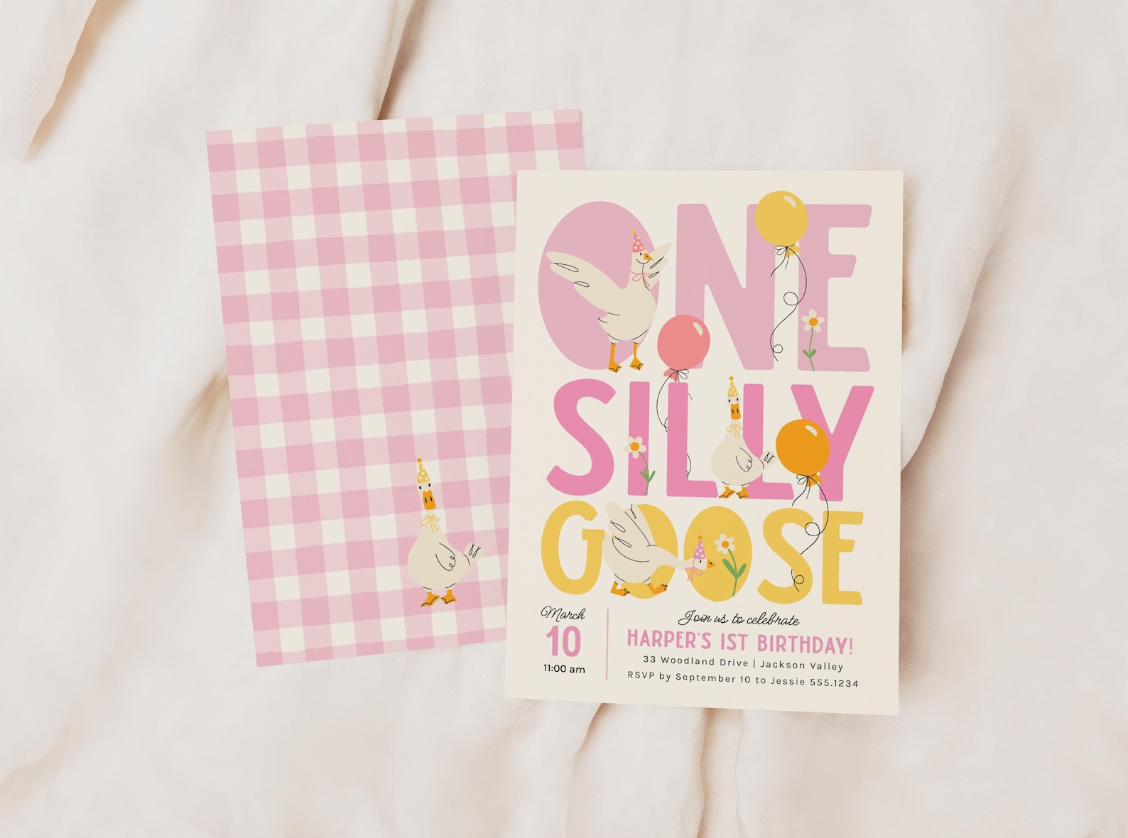 One Silly Goose Invitation Set, Girl 1st Birthday Party Invite Bundle ...