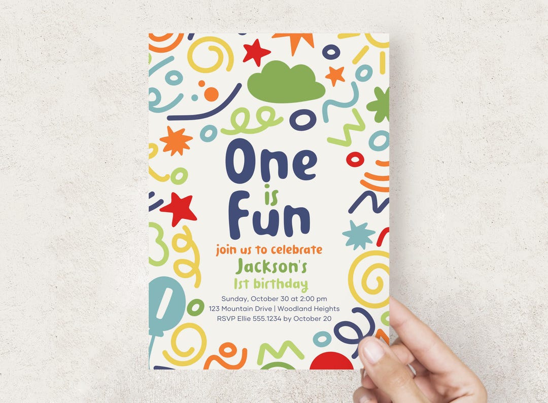 One is Fun Invitation, Colorful Squiggles Boy 1st Birthday Invite or ...
