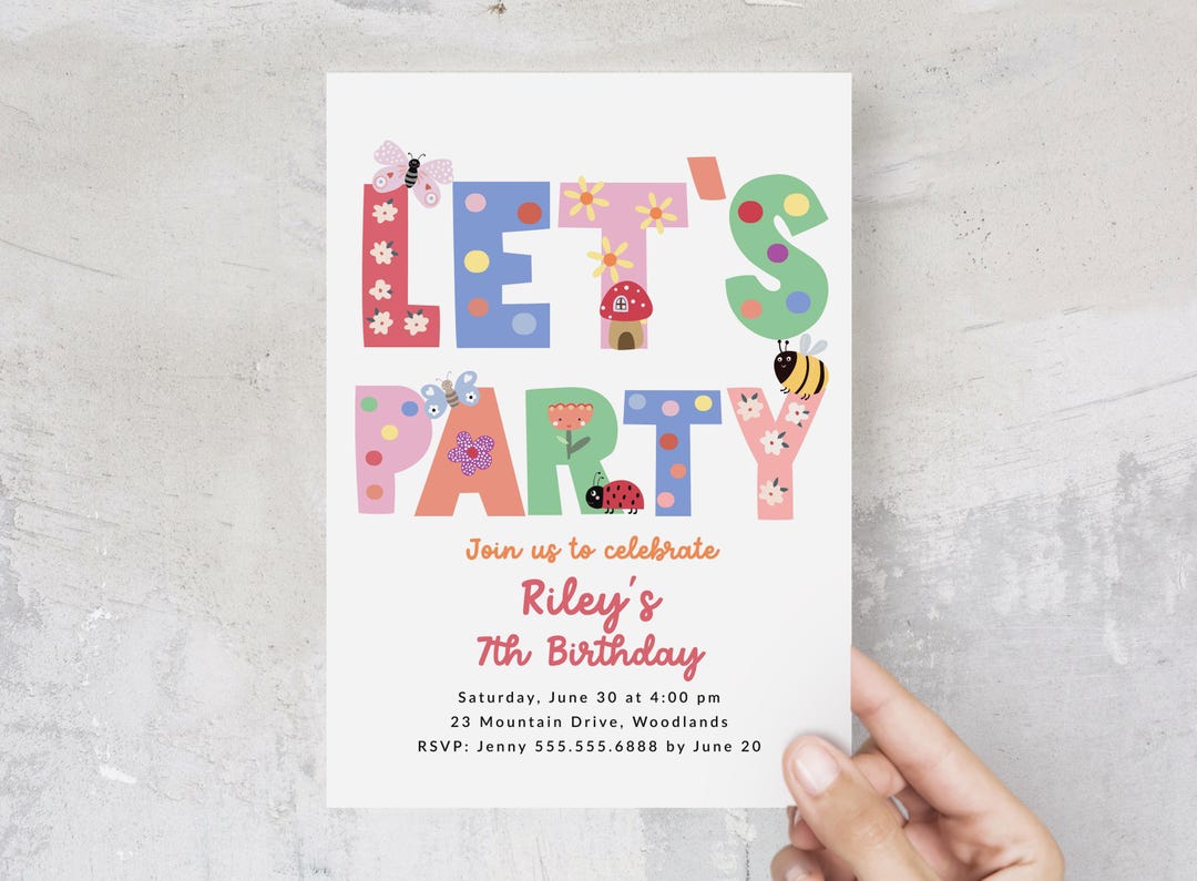 Spring Girl Birthday Party Invitation, Editable Let's Party Invite ...