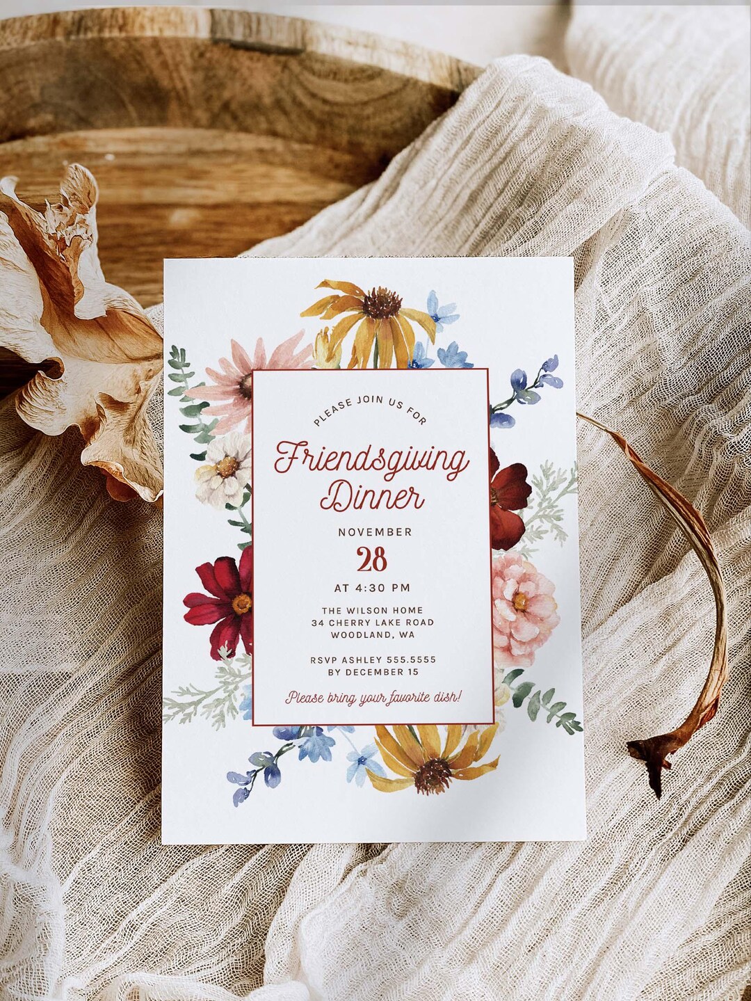 Floral Friendsgiving Invitation Template, Thanksgiving Dinner ...