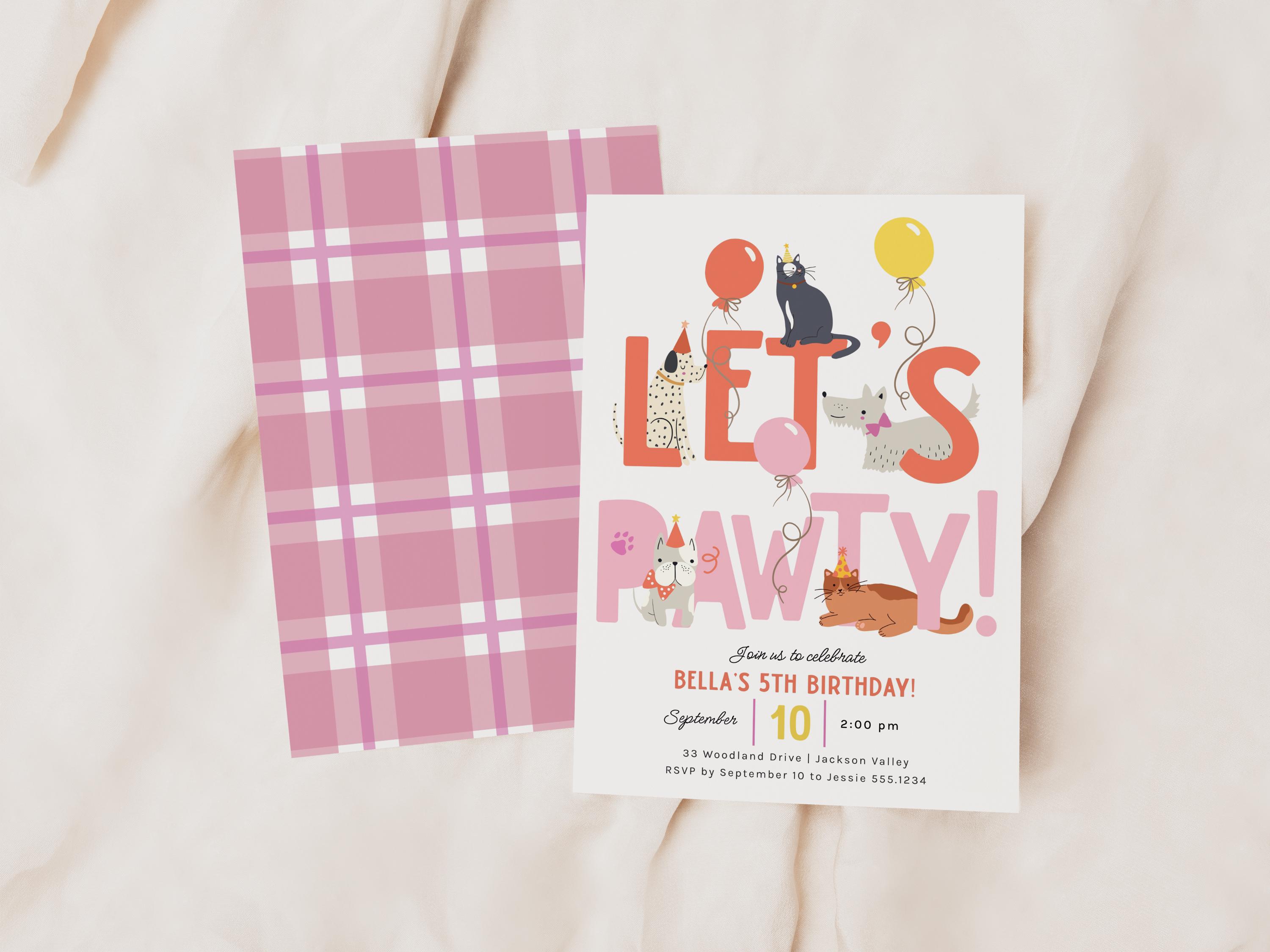 Pet Birthday Party Invitation, Let's Pawty Cats and Dogs Birthday ...
