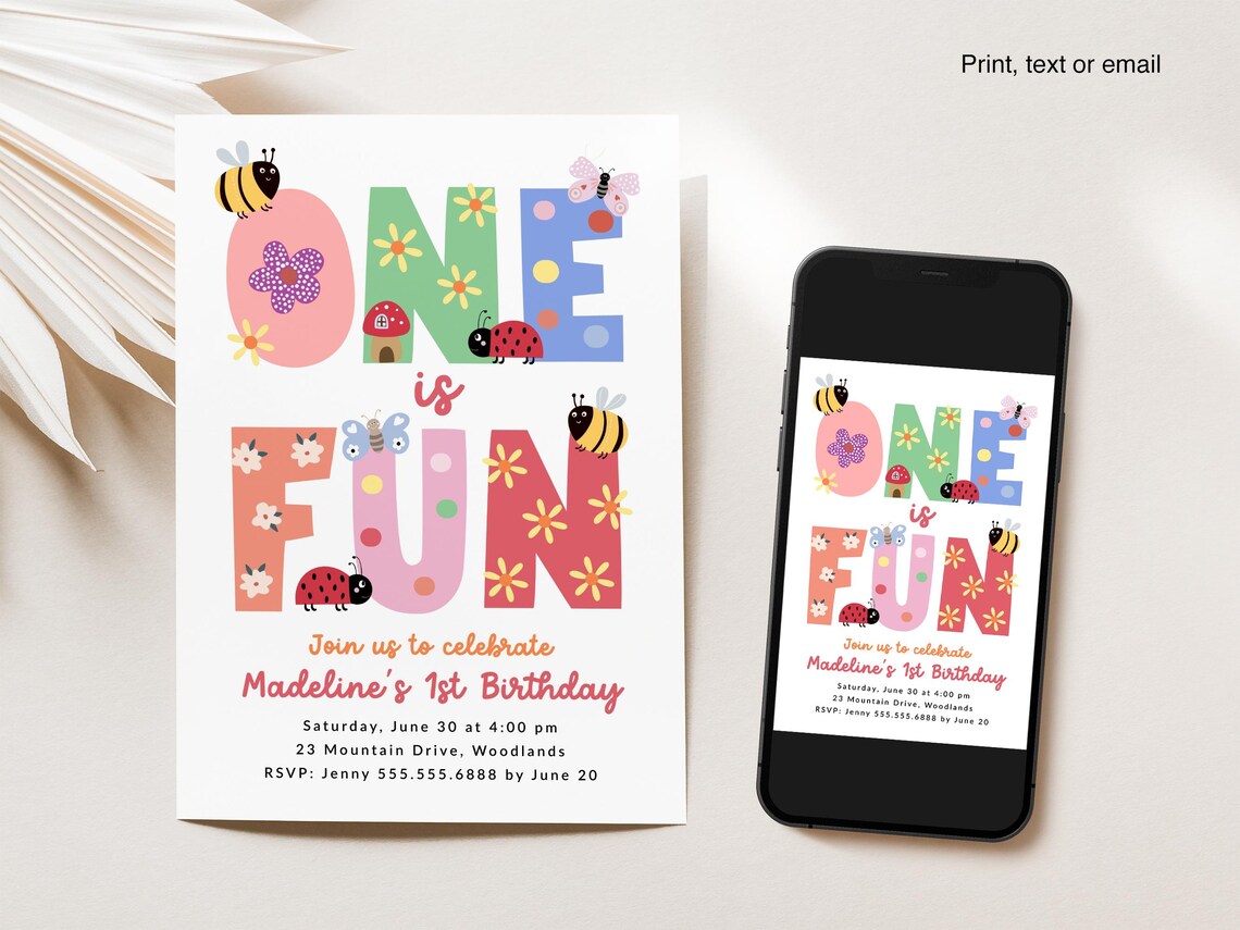 Spring 1st Birthday Invitation, One is Fun Birthday Party Invitation ...