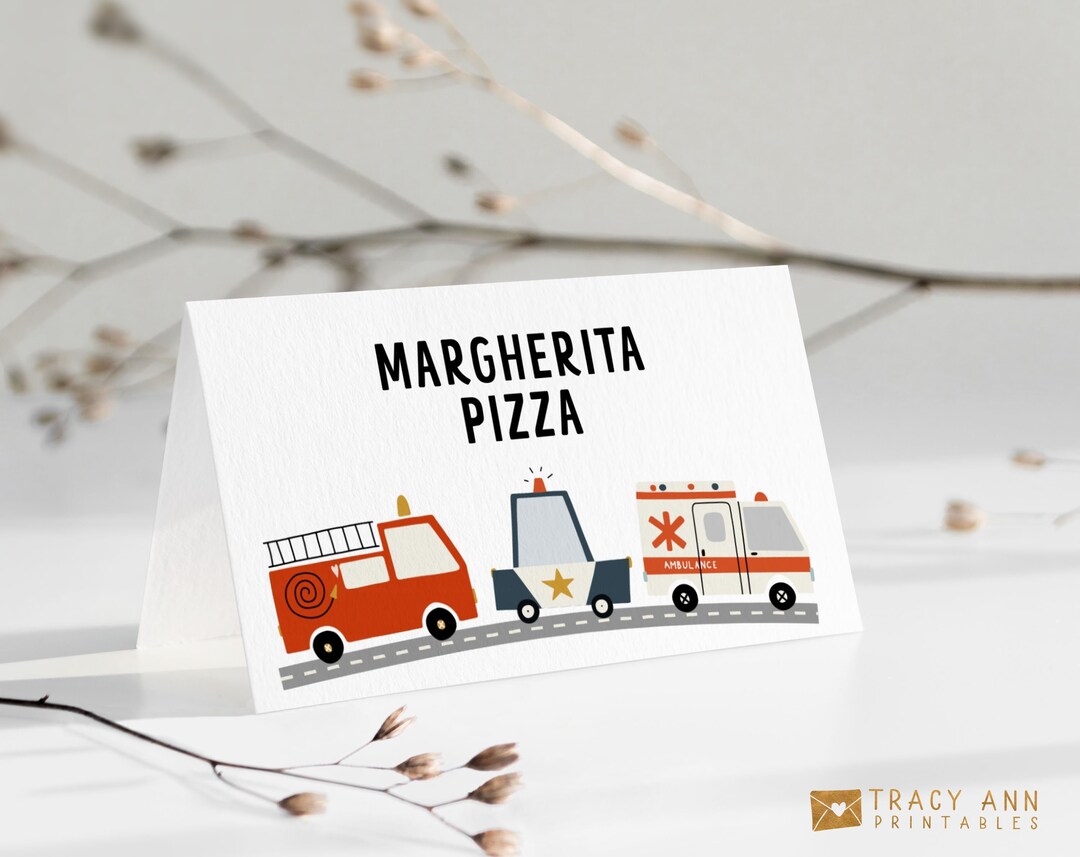 Fire Engine Birthday Buffet Cards | Emergency Vehicles Editable Food ...