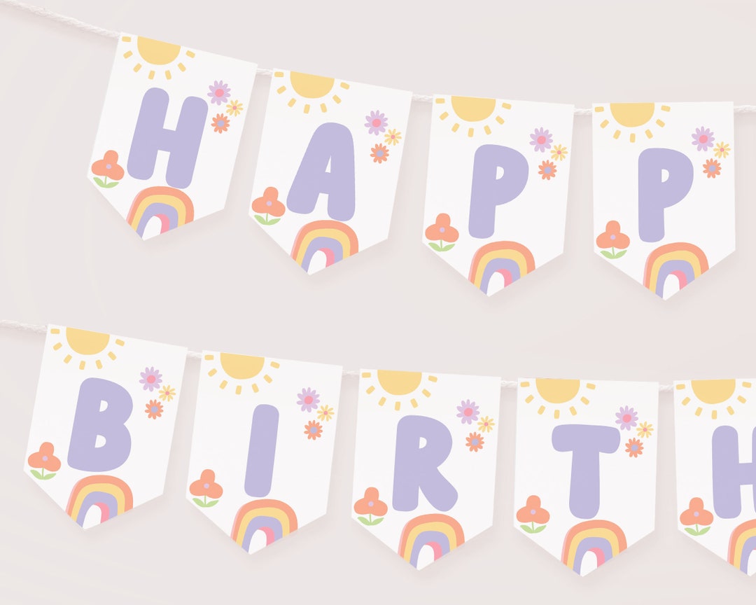 Rainbow Happy Birthday Banner Template, Pastel Girl Birthday Bunting ...