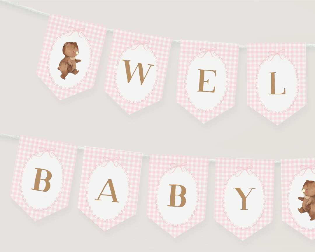 Welcome Baby Banner, Printable Girl Baby Shower Bunting, Bear Baby ...