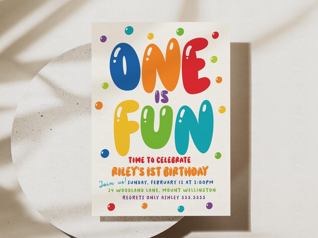 One is Fun Invitation, Colorful 1st Birthday Party Invite and Evite ...