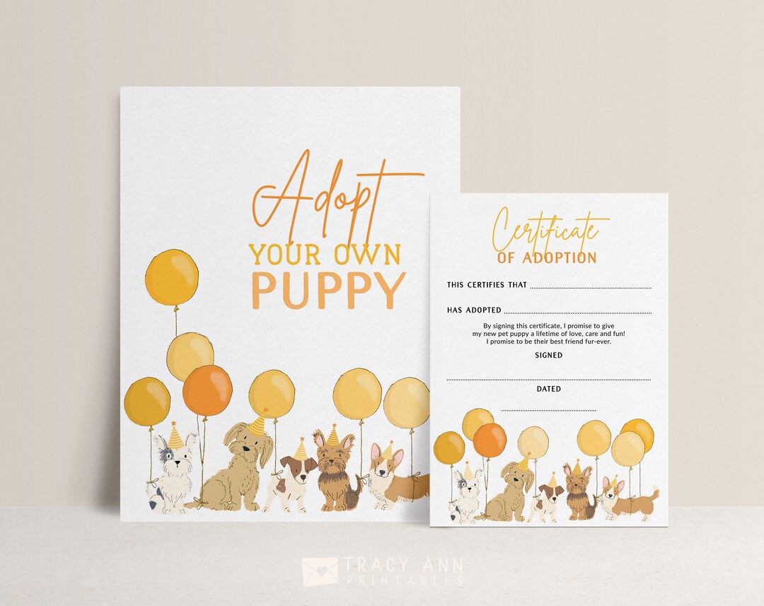 Adopt a Puppy Certificate and Sign, Printable Dog Birthday Party Games ...