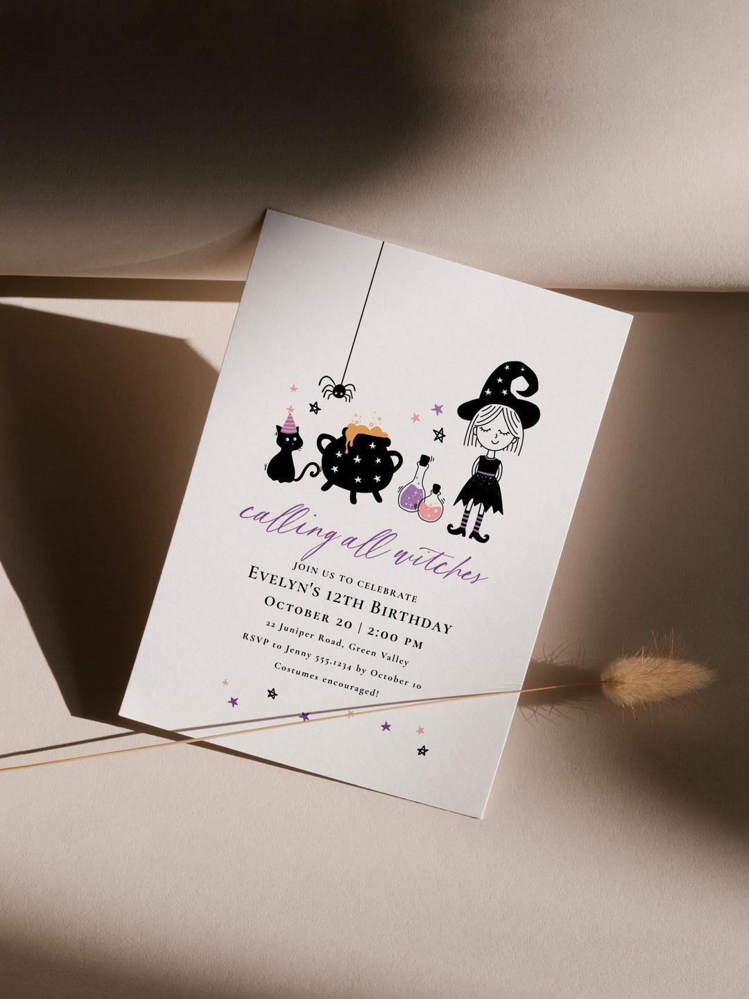 Witch Birthday Invitation Template, Girl Halloween Birthday Invitation ...