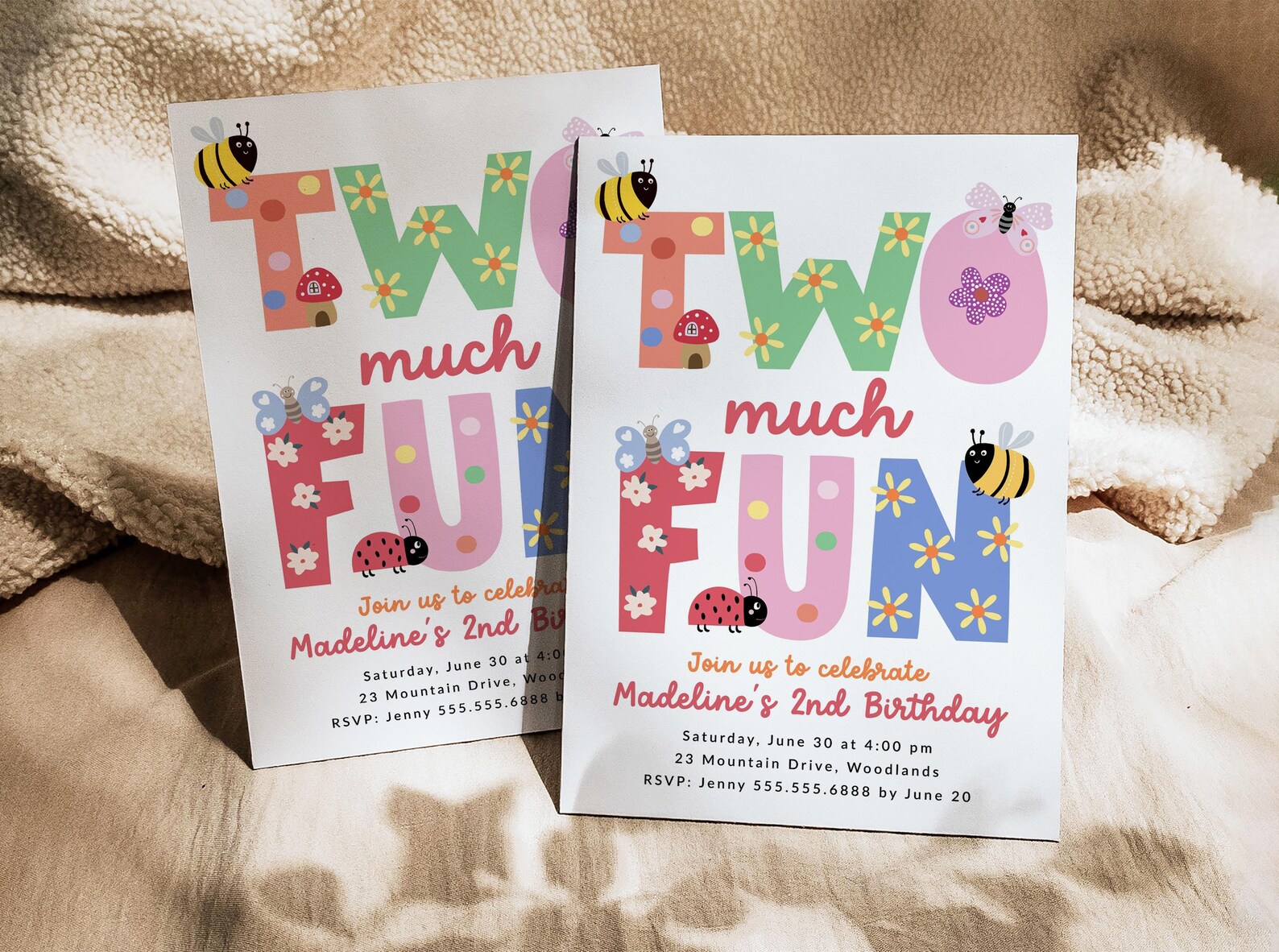 Two Much Fun Invitation, Girl 2nd Birthday Party Invite Template ...
