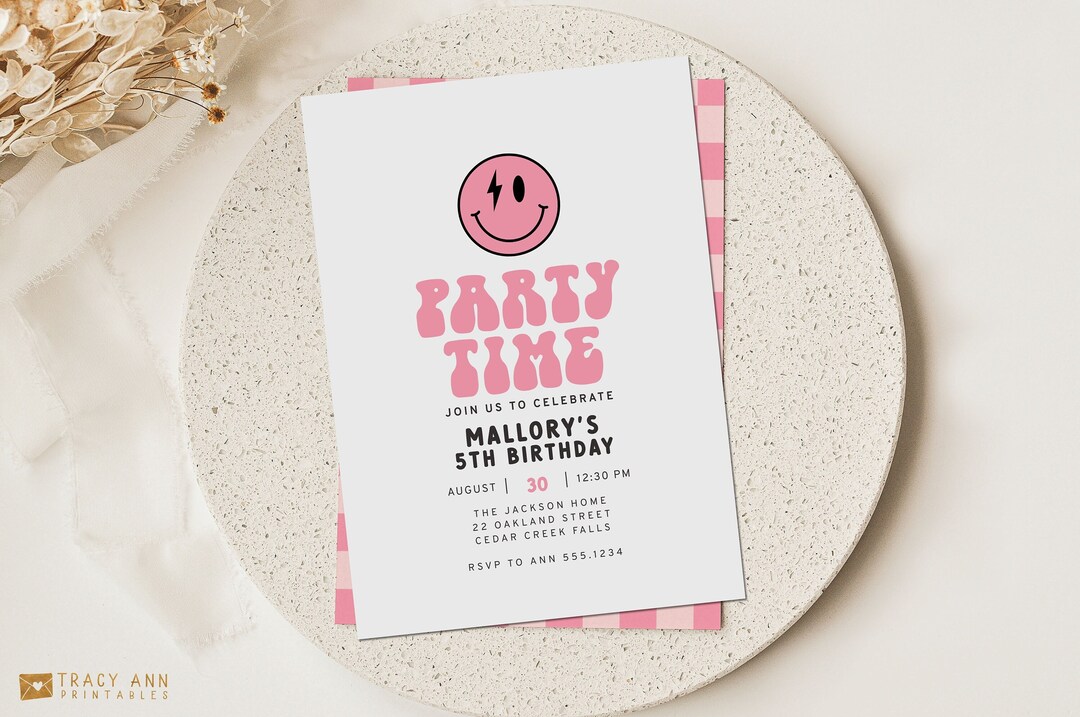 Pink Smiley Face Birthday Invitation Template Retro Girl Birthday Party ...