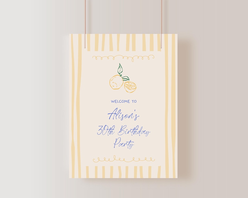 Adult Birthday Welcome Sign, Hand Drawn Citrus Summer Party Welcome ...