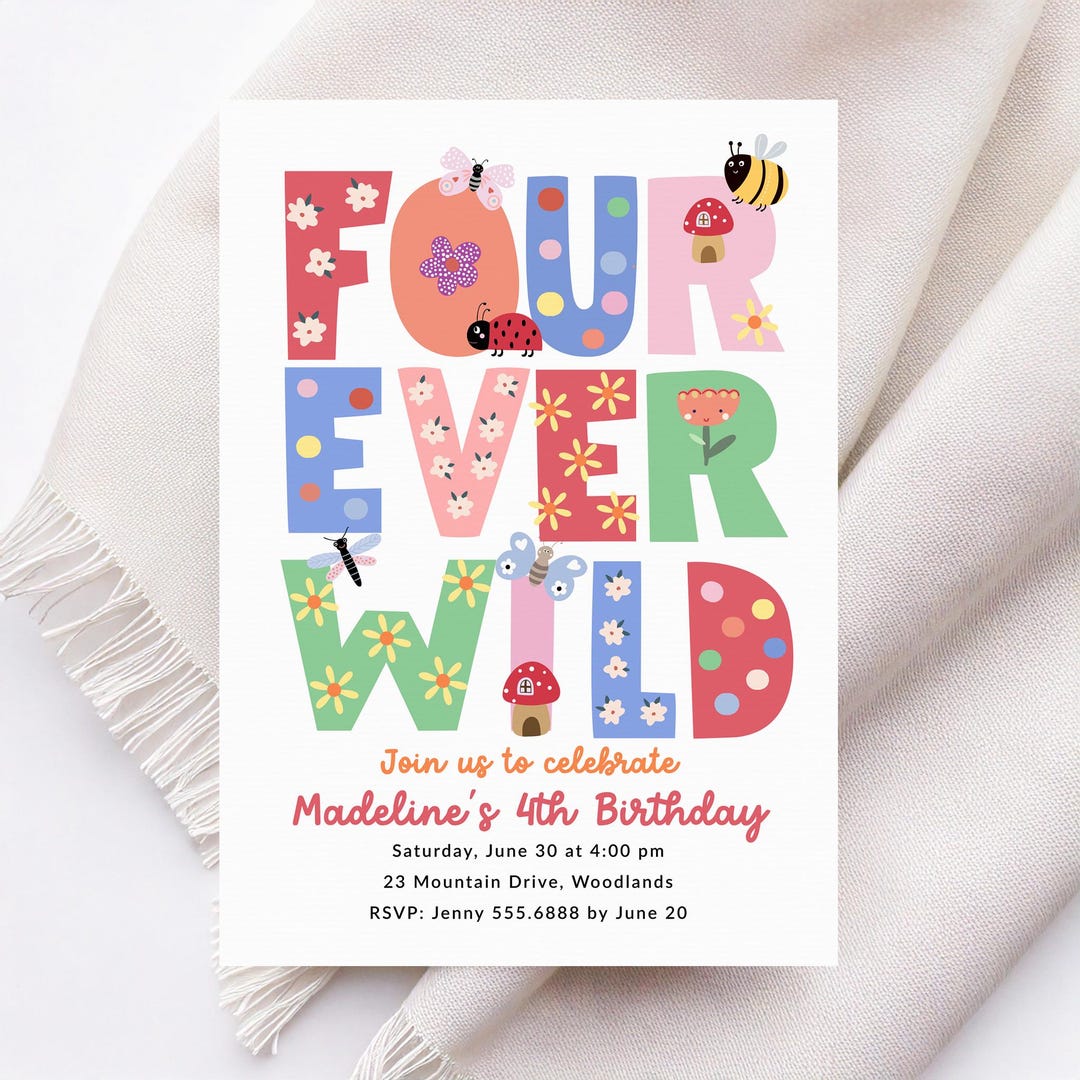 Four Ever Wild Invitation, Spring Girl 4th Birthday Party Invite ...