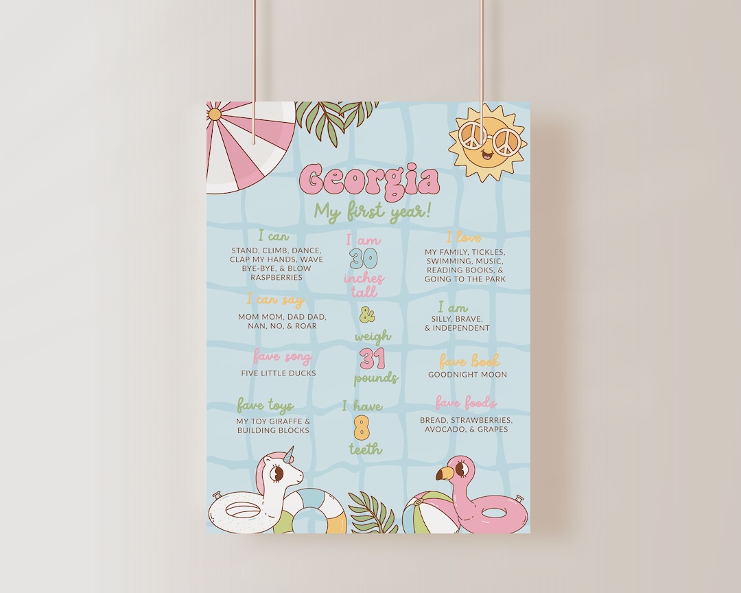 Summer Milestone Poster, Girl 1st Birthday Milestone Board, Printable ...