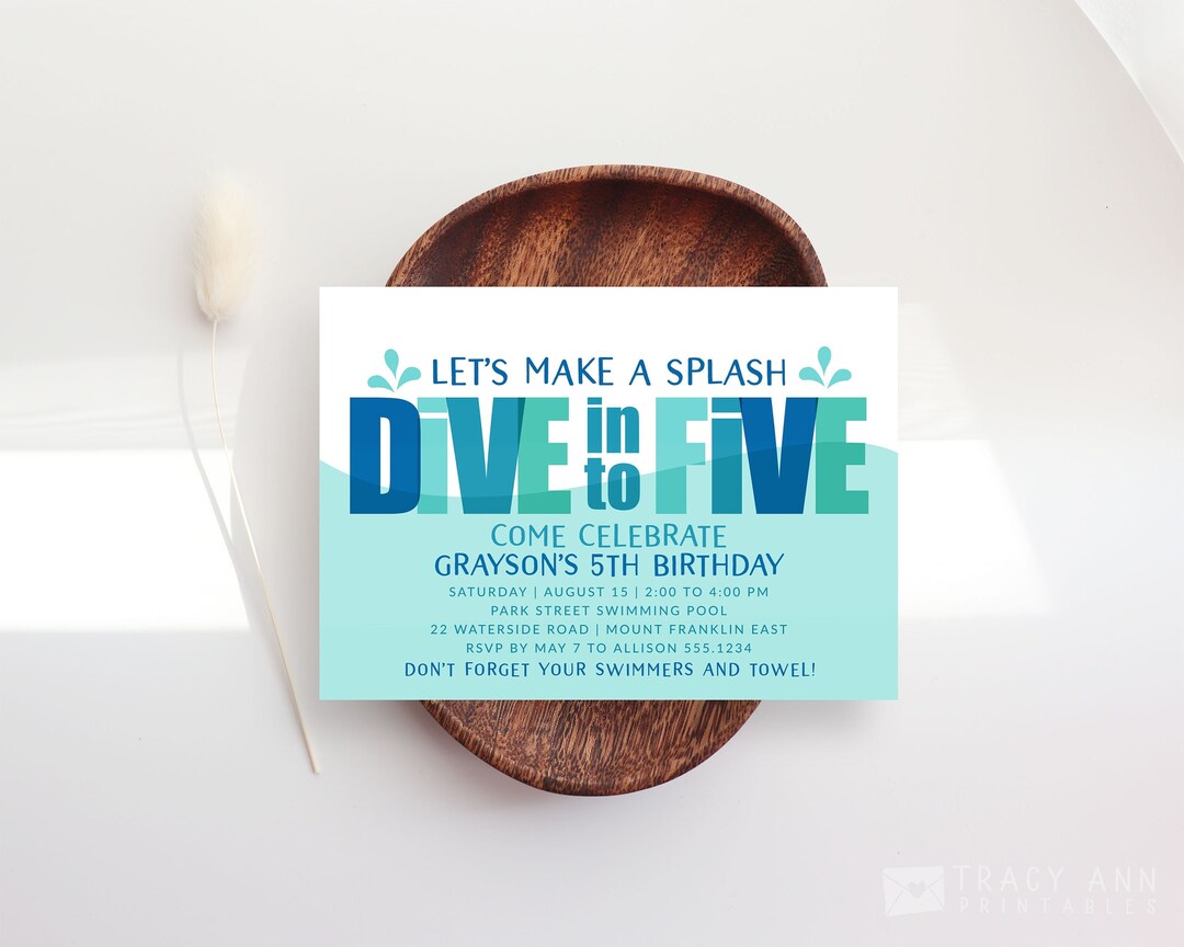 Dive Into Five Invitation Template, Summer Pool Party Invite, Boy Pool ...