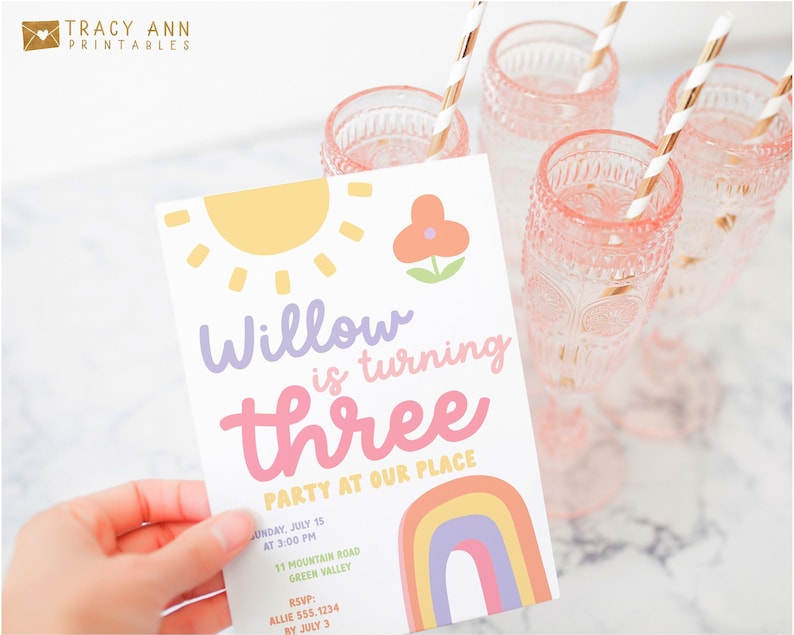 Rainbow Third Birthday Party Invitation Template Printable - Etsy