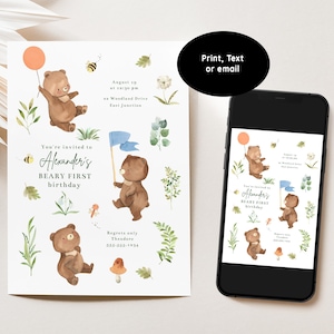 Beary First Birthday Invitation, Bear 1st Birthday Invitation Template ...