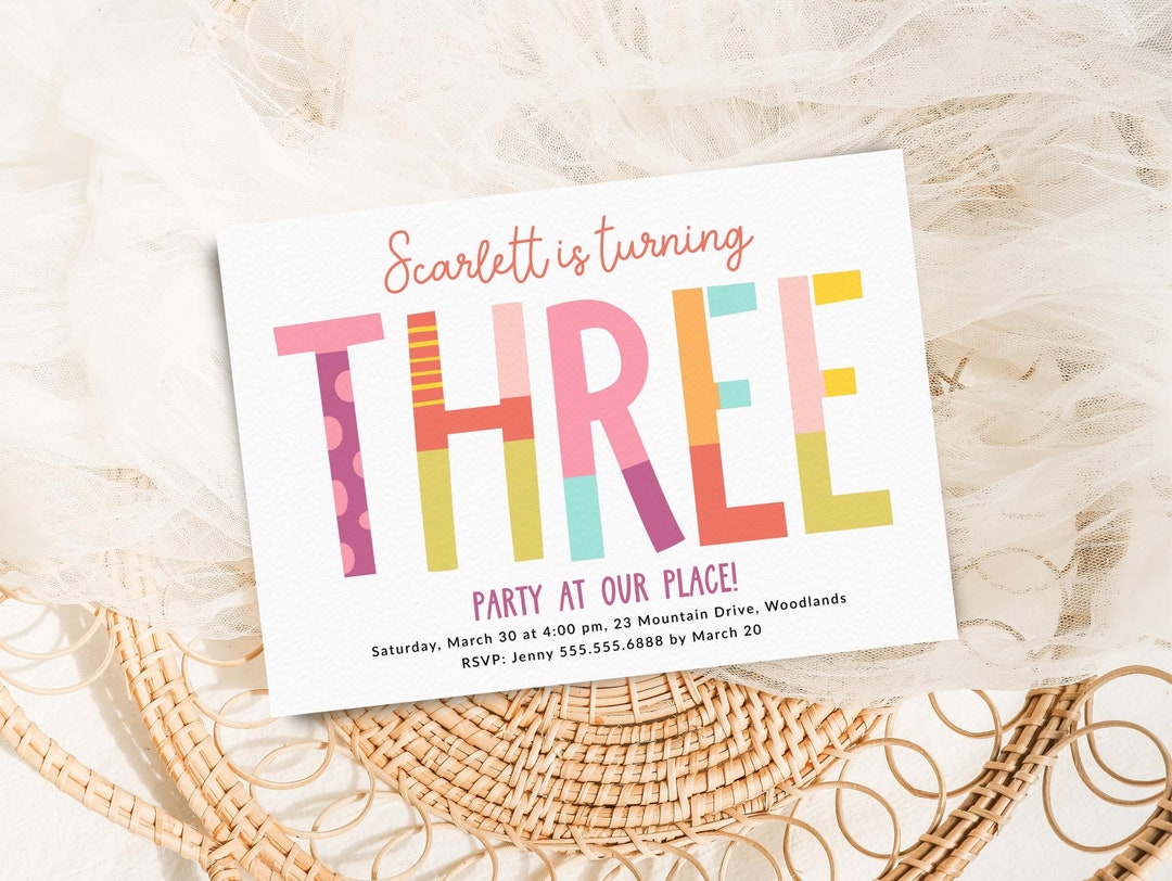 Girl Third Birthday Invitation Template, Printable Colorful 3rd ...