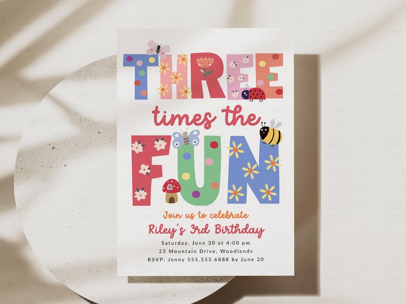 Three Times the Fun Invitation, Spring Girl 3rd Birthday Party Invite ...